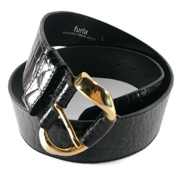 Furla | Accessories | Furla Croc Black Gold Leather Belt Italy Large ...